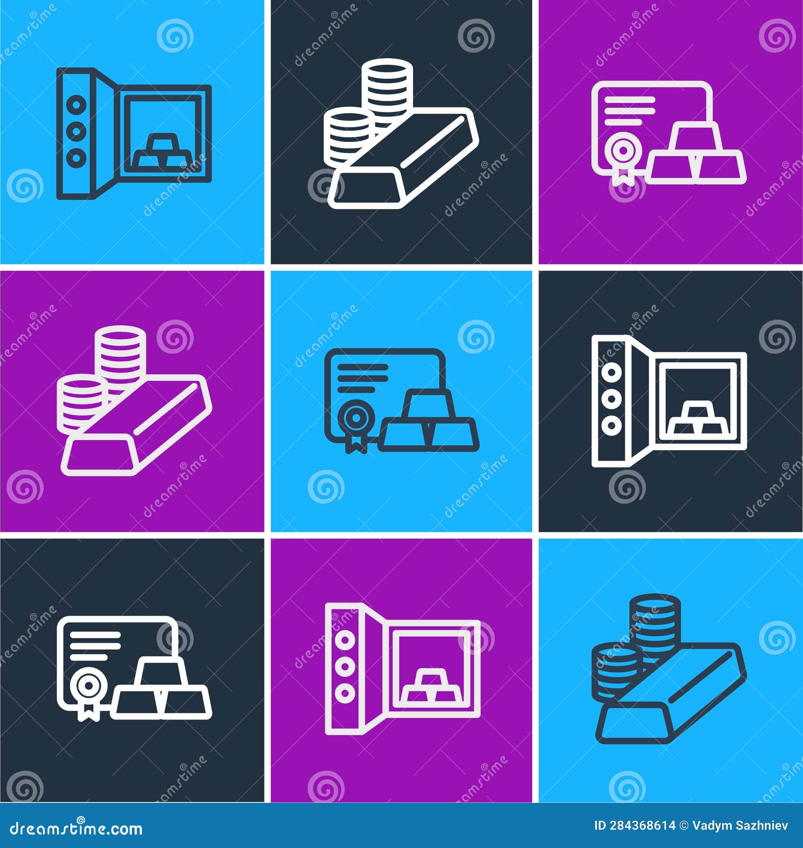 Set Line Safe with Gold Bars, Gold Certificate and Coin Icon. Vector ...