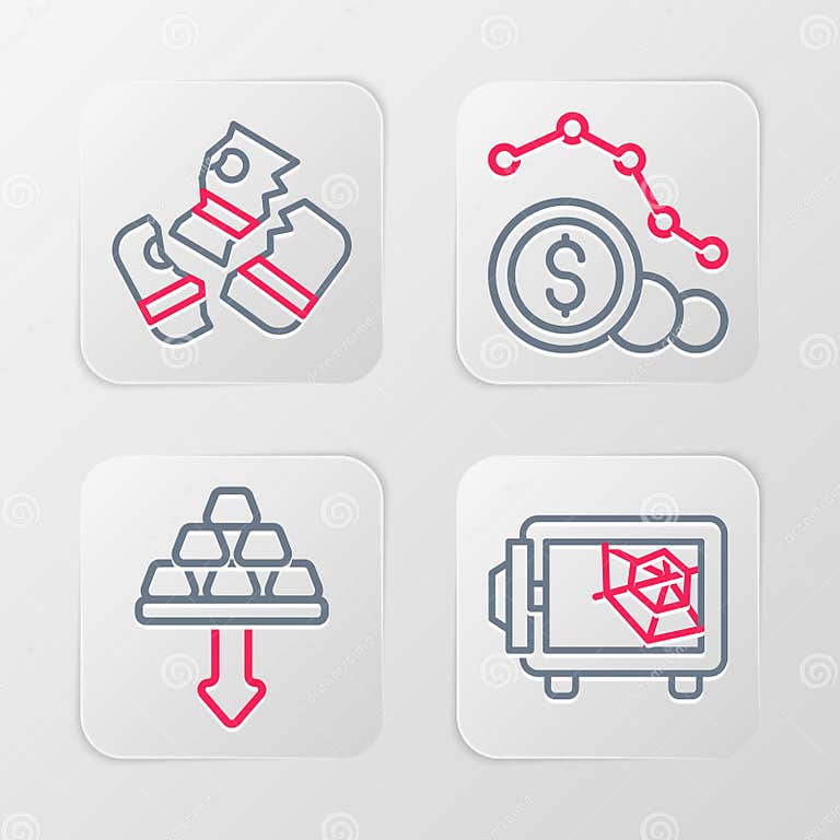 Set Line Safe, Gold Bars, Dollar Rate Decrease and Credit Card Icon. Vector Stock Illustration ...