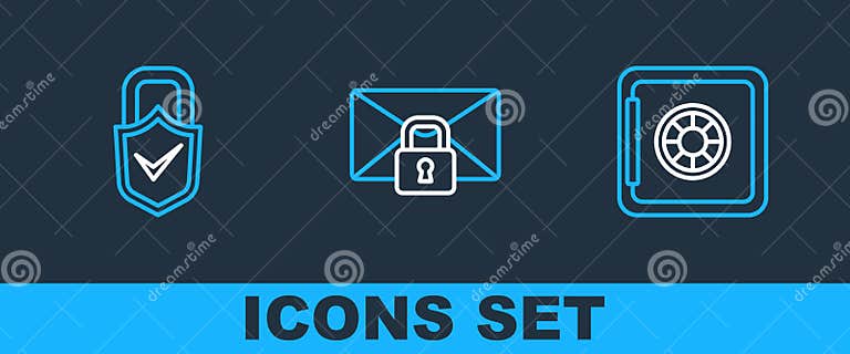 Set Line Safe, Lock and Check Mark and Mail Message Lock Password Icon. Vector Stock Vector ...