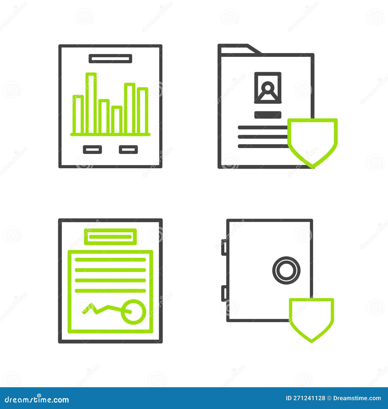 Set Line Safe with Shield, Filled Form, Document and Graph Chart Icon ... Set Line Safe with Shield, Filled Form, Document and Graph Chart Icon ...