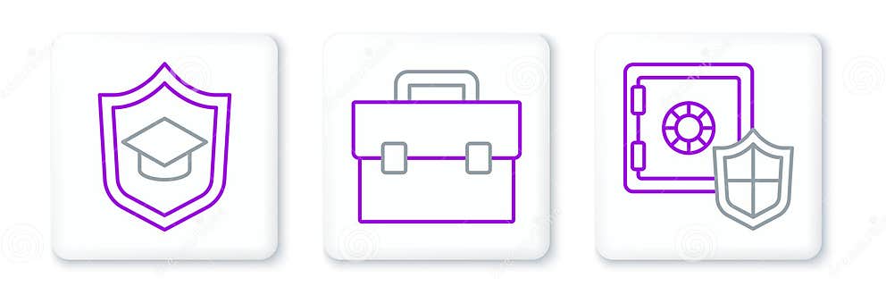 Set Line Safe with Shield, Graduation Cap and Briefcase Icon. Vector ...