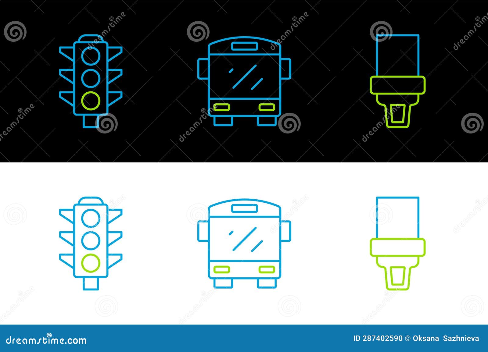 Set Line Safety Belt, Traffic Light and Bus Icon. Vector Stock ...
