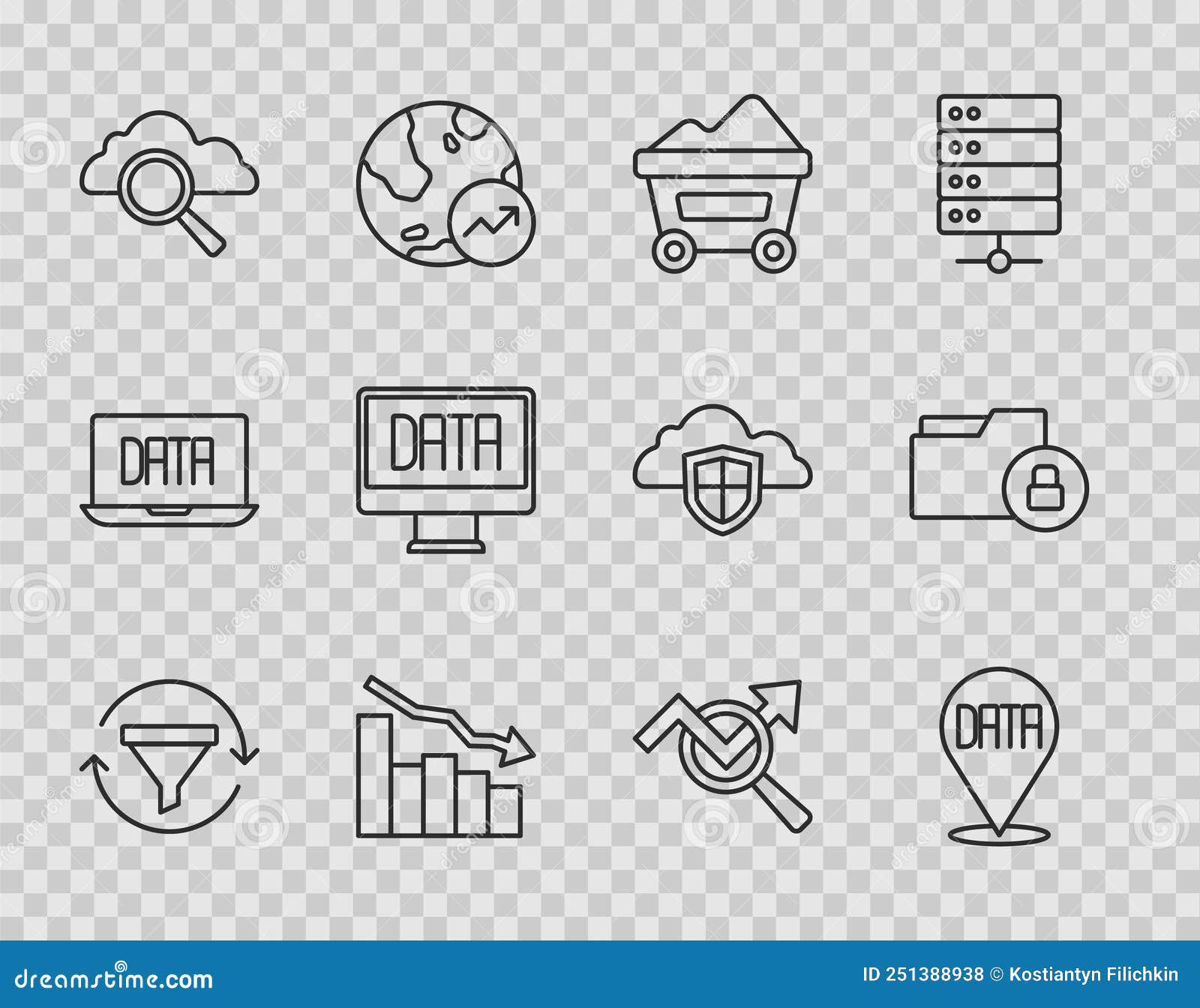 Set Line Sales Funnel with Chart, Data Analysis, Coal Mine Trolley, Financial Growth Decrease ...
