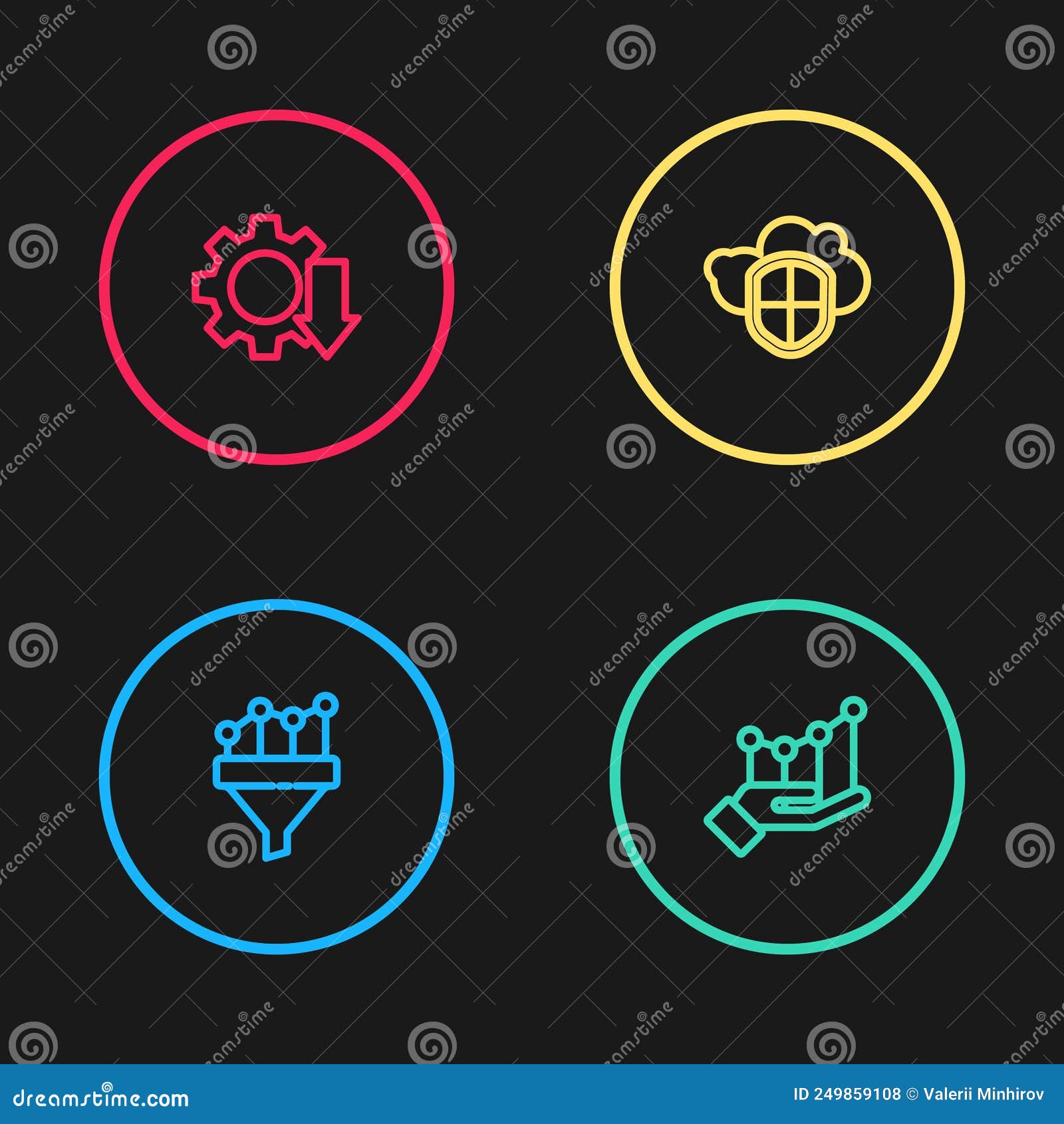 Set Line Sales Funnel with Chart, Pie Infographic, Cloud and Shield and ...