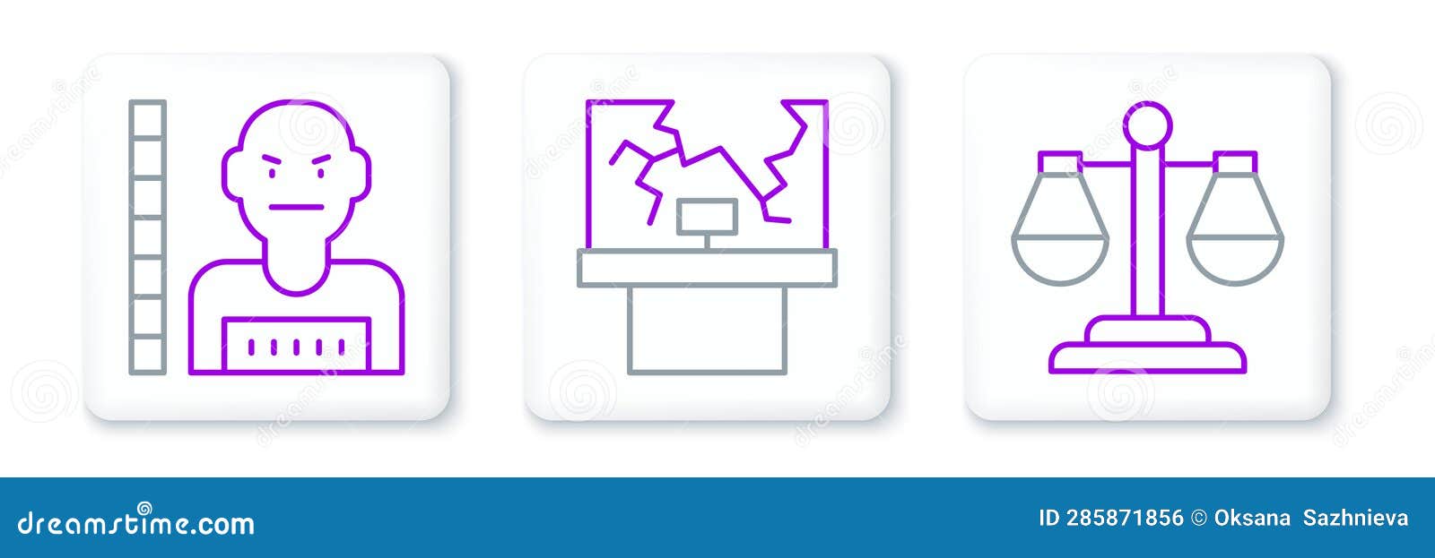 Set Line Scales of Justice, Suspect Criminal and Broken Window Icon ...