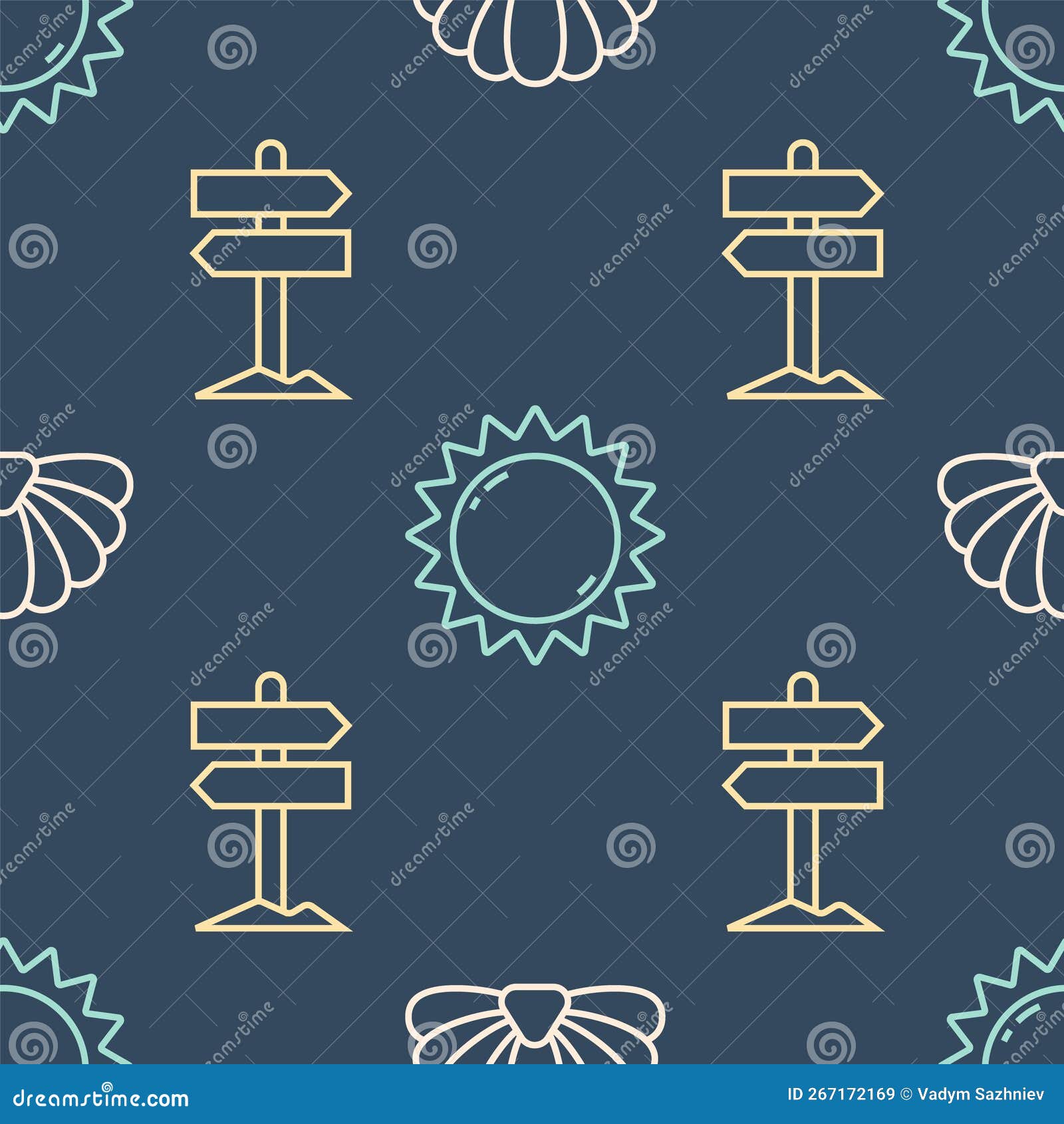 Set Line Scallop Sea Shell, Road Traffic Signpost and Sun on Seamless ...
