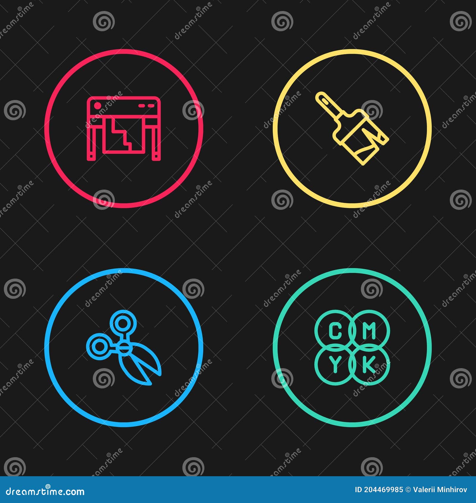 Set Line Scissors, CMYK Color Mixing, Paint Brush and Plotter Icon ...