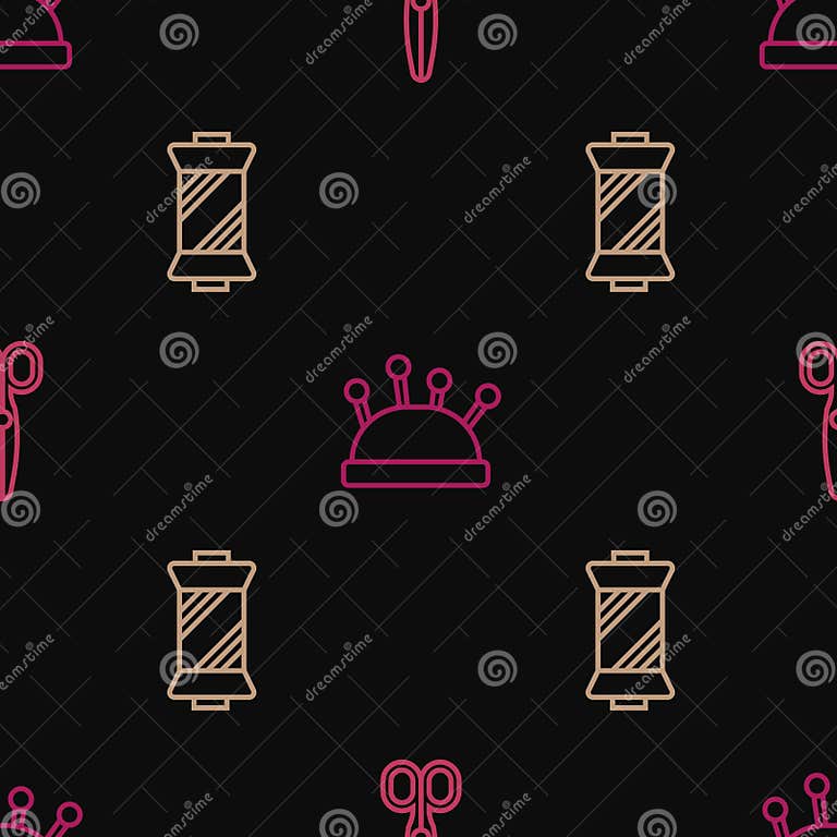 Set Line Scissors, Sewing Thread on Spool and Needle Bed and Needles on Seamless Pattern. Vector ...