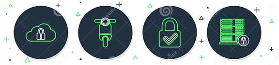 Set Line Scooter, Lock and Check Mark, Cloud Computing Lock and Server ...