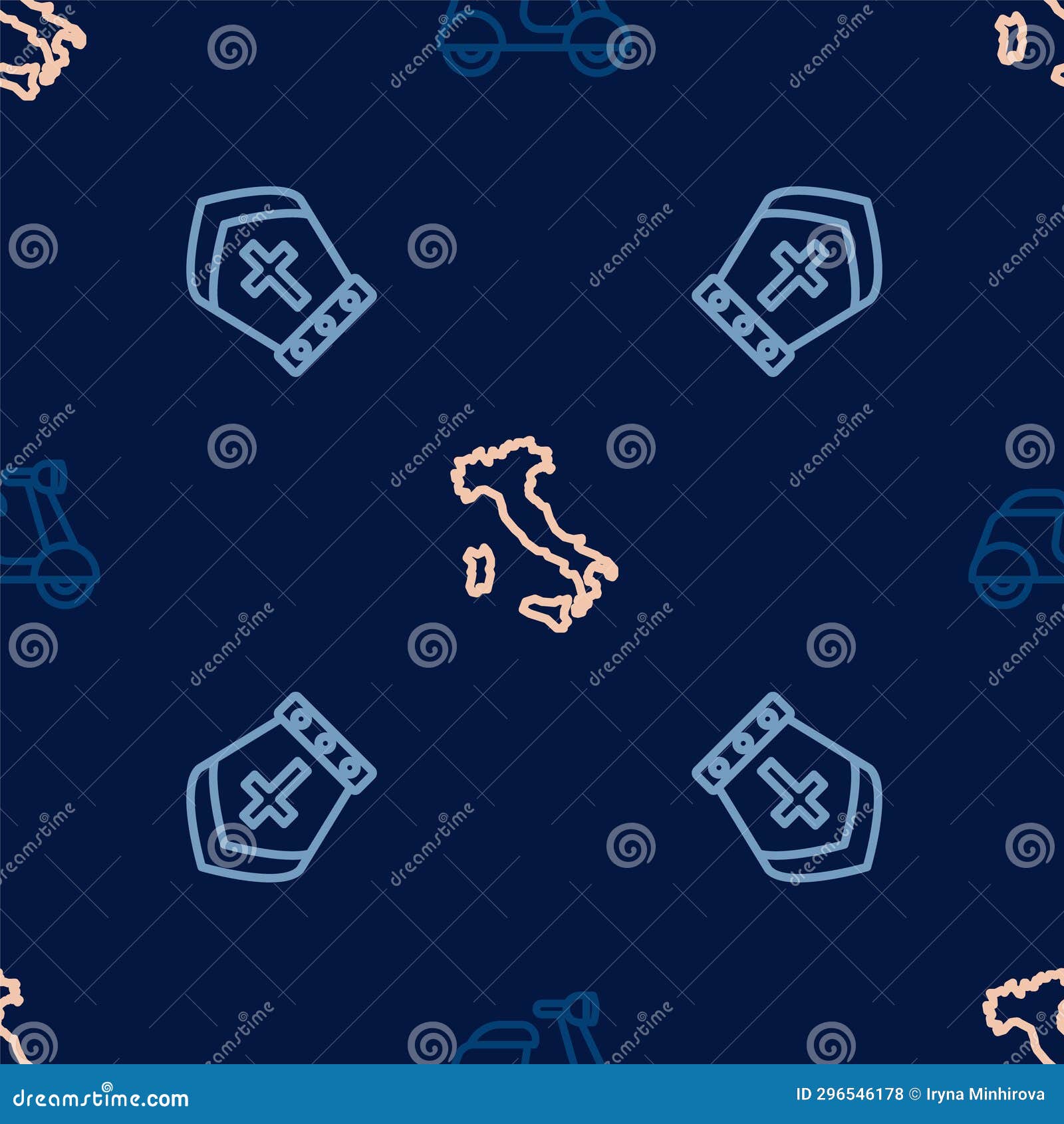 Set Line Scooter, Pope Hat and Map of Italy on Seamless Pattern. Vector ...