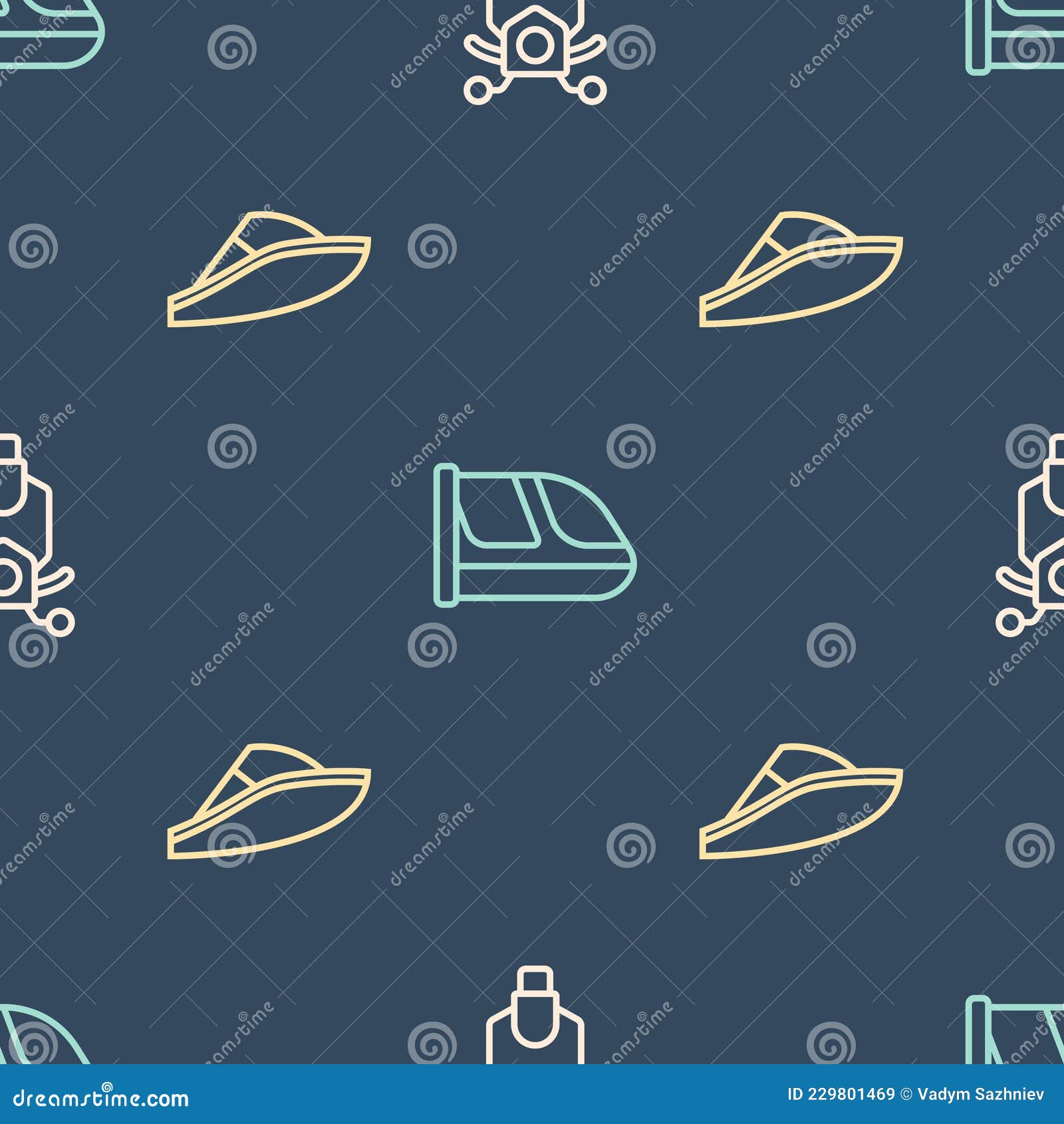 Set Line Scooter, Speedboat and Train and Railway on Seamless Pattern ...