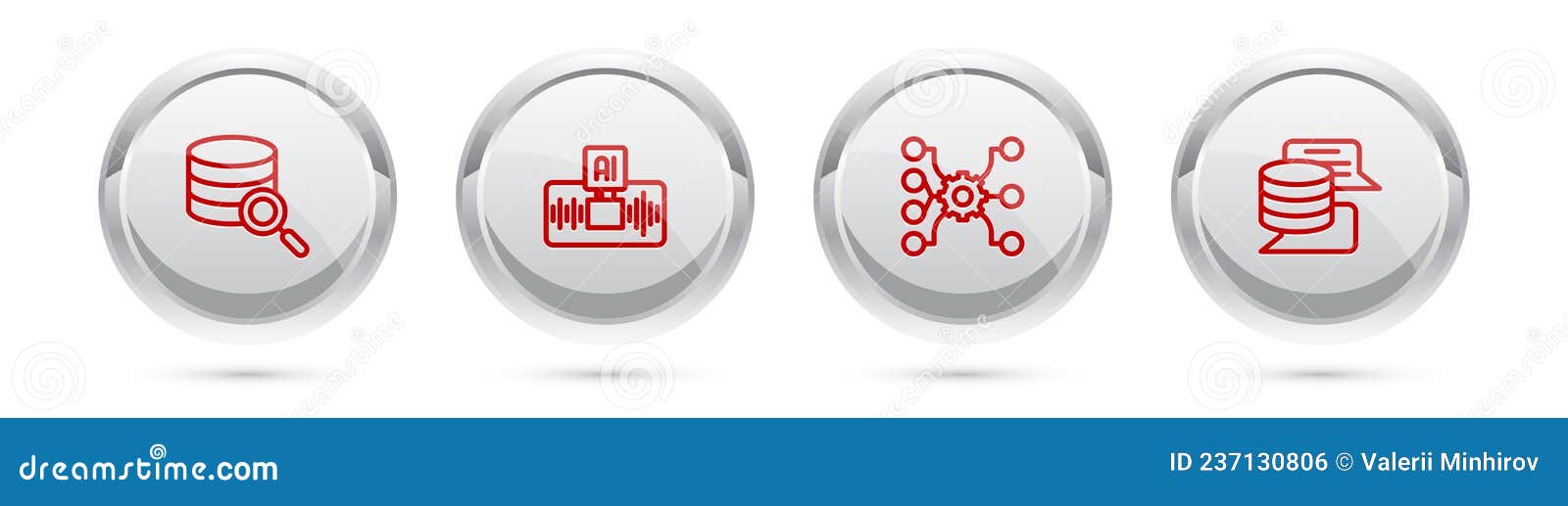 Set Line Server, Artificial Intelligence AI, Neural Network and Data. Silver Circle Button ...