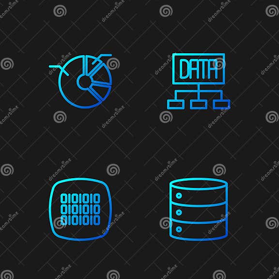 Set Line Server, Binary Code, Pie Chart Infographic and Data Analysis. Gradient Color Icons ...