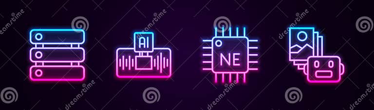 Set Line Server, Data, Artificial Intelligence AI, Processor CPU and Robot. Glowing Neon Icon ...
