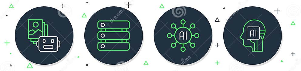 Set Line Server, Data, Neural Network, Artificial Intelligence Robot and Humanoid Icon. Vector ...