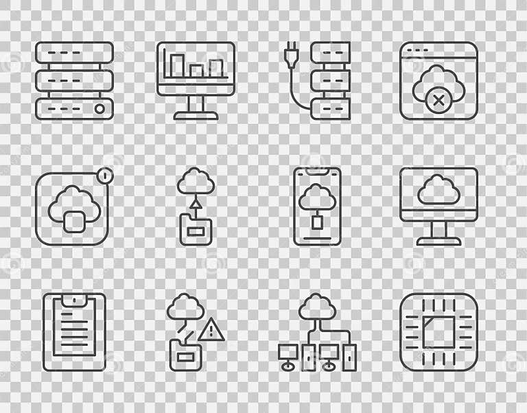 Set Line Server, Data Report, Processor with CPU, Cloud Technology Data Transfer, Data, Web ...