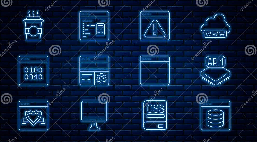 Set Line Server, Data, Web Hosting, Processor, Browser with Exclamation ...