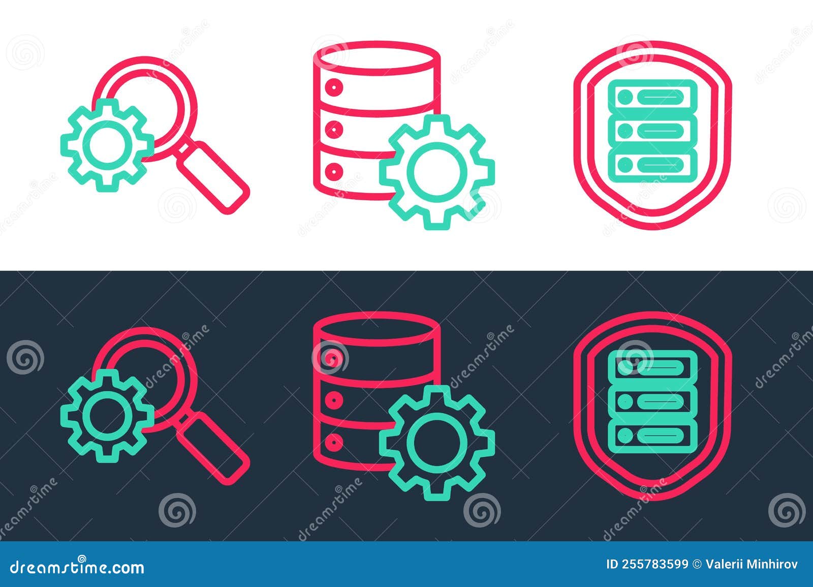 Set Line Server with Shield, Magnifying Glass and Gear and Icon. Vector ... Set Line Server with Shield, Magnifying Glass and Gear and Icon. Vector ...