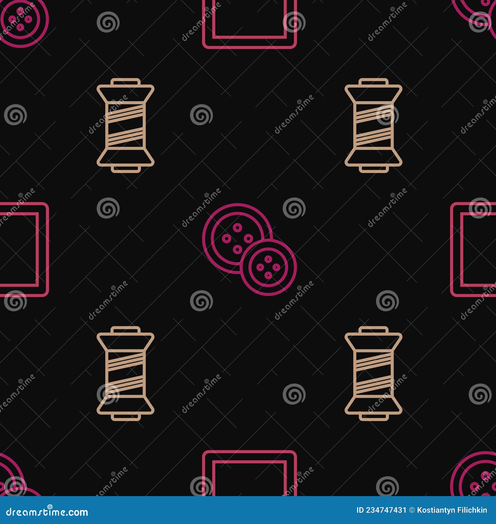 Set Line Sewing Pattern, Thread and Button on Seamless Pattern. Vector ...