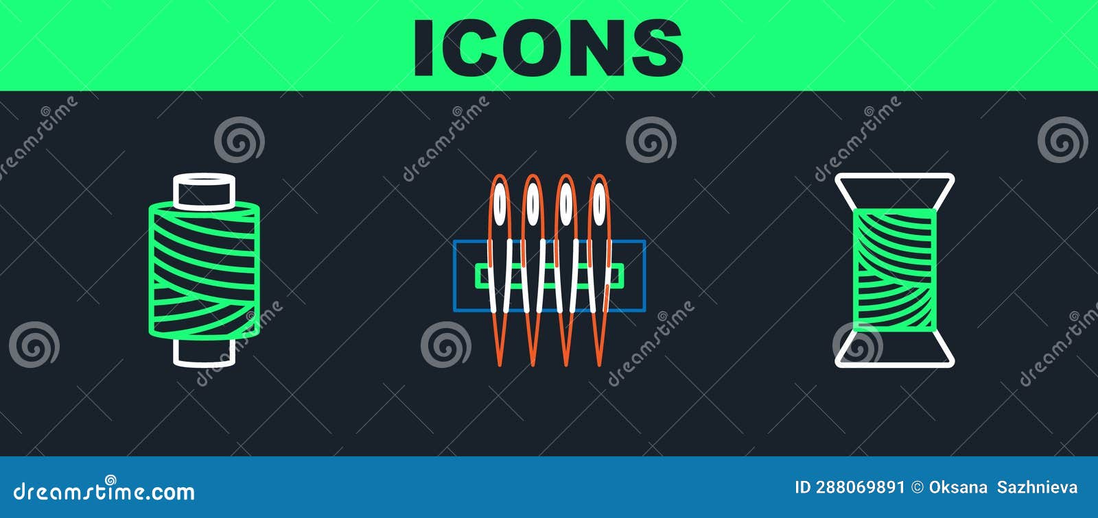 Set Line Sewing Thread on Spool, and Needle for Sewing Icon. Vector ...