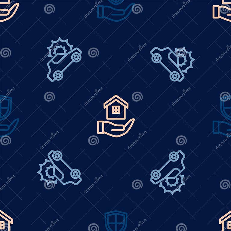 Set Line Shield in Hand, Car Insurance and House on Seamless Pattern ...
