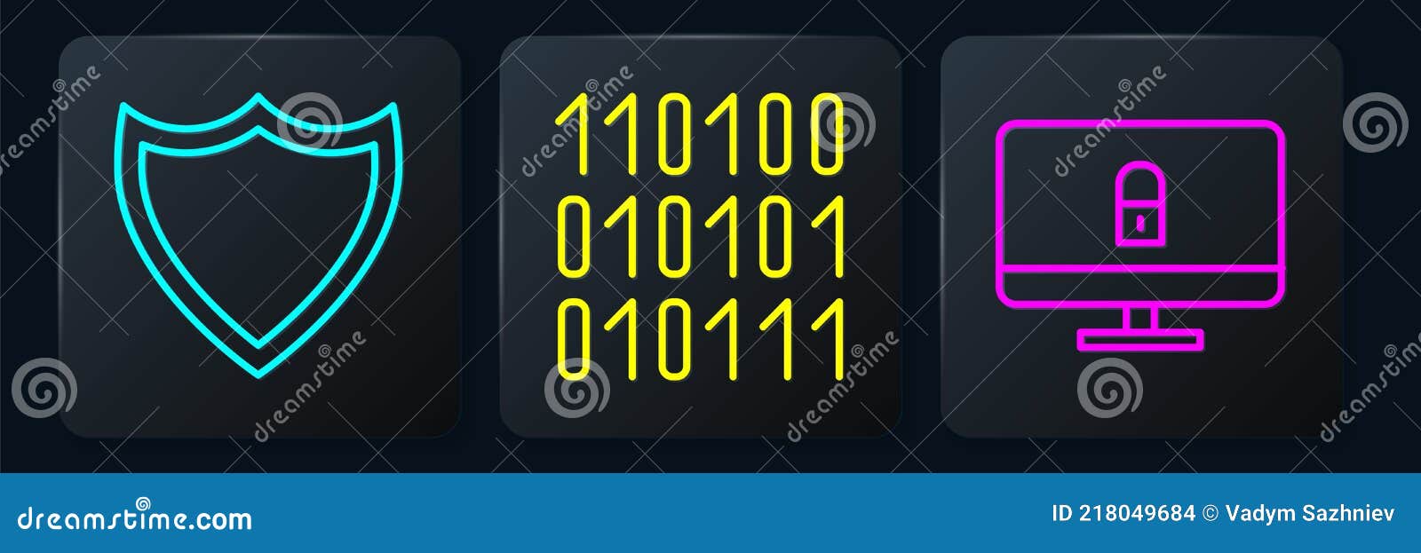 Set Line Shield, Lock on Computer Monitor and Binary Code. Black Square ...