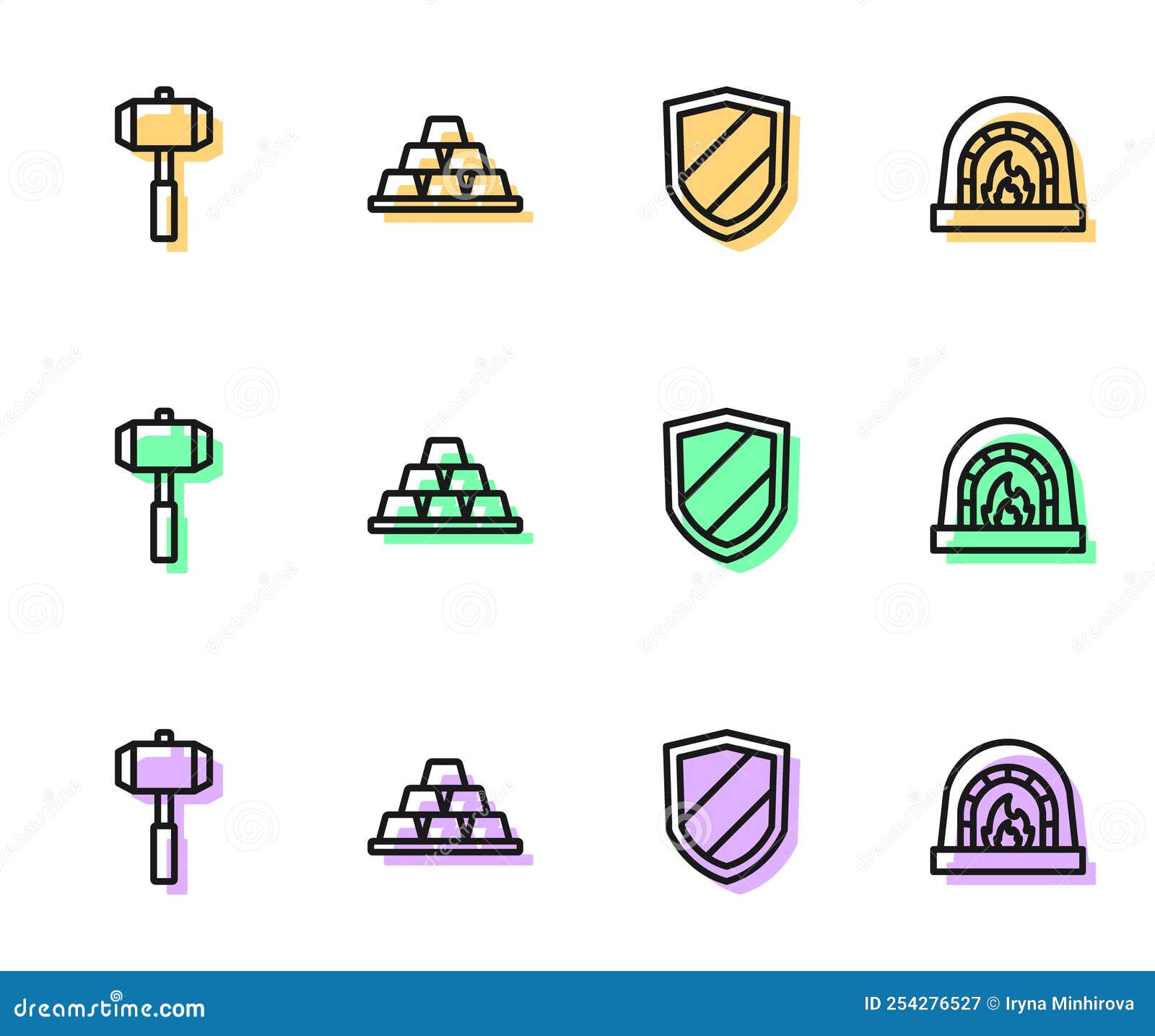 Set Line Shield, Sledgehammer, Gold Bars and Blacksmith Oven Icon ...
