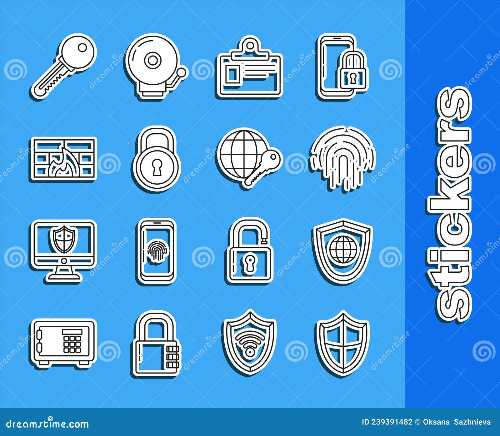 Set Line Shield, with World Globe, Fingerprint, Identification Badge ...