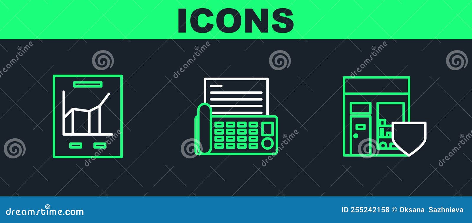 Set Line Shopping Building with Shield, Document Graph Chart and Fax ... Set Line Shopping Building with Shield, Document Graph Chart and Fax ...