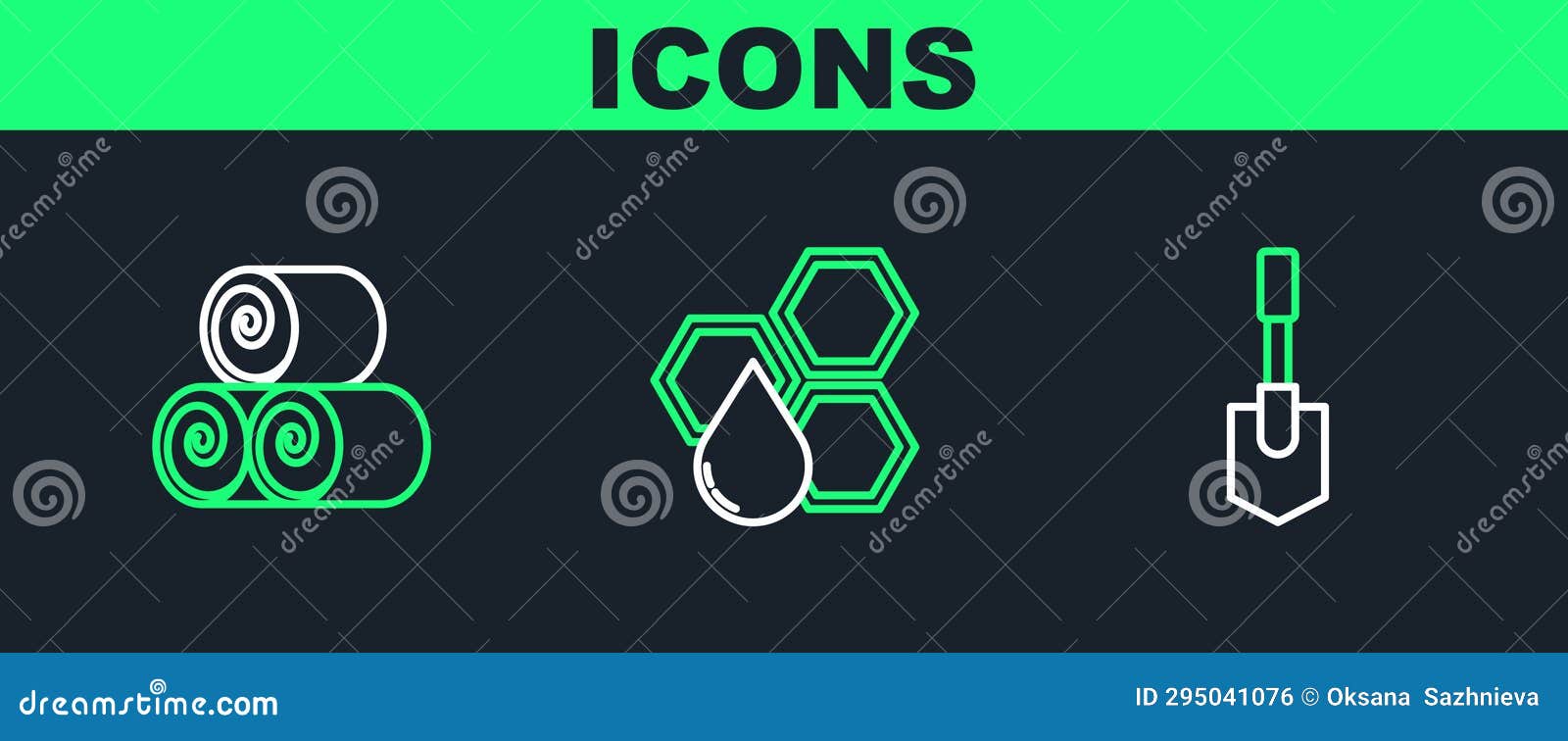 Set Line Shovel, Roll of Hay and Honeycomb Icon. Vector Stock ...