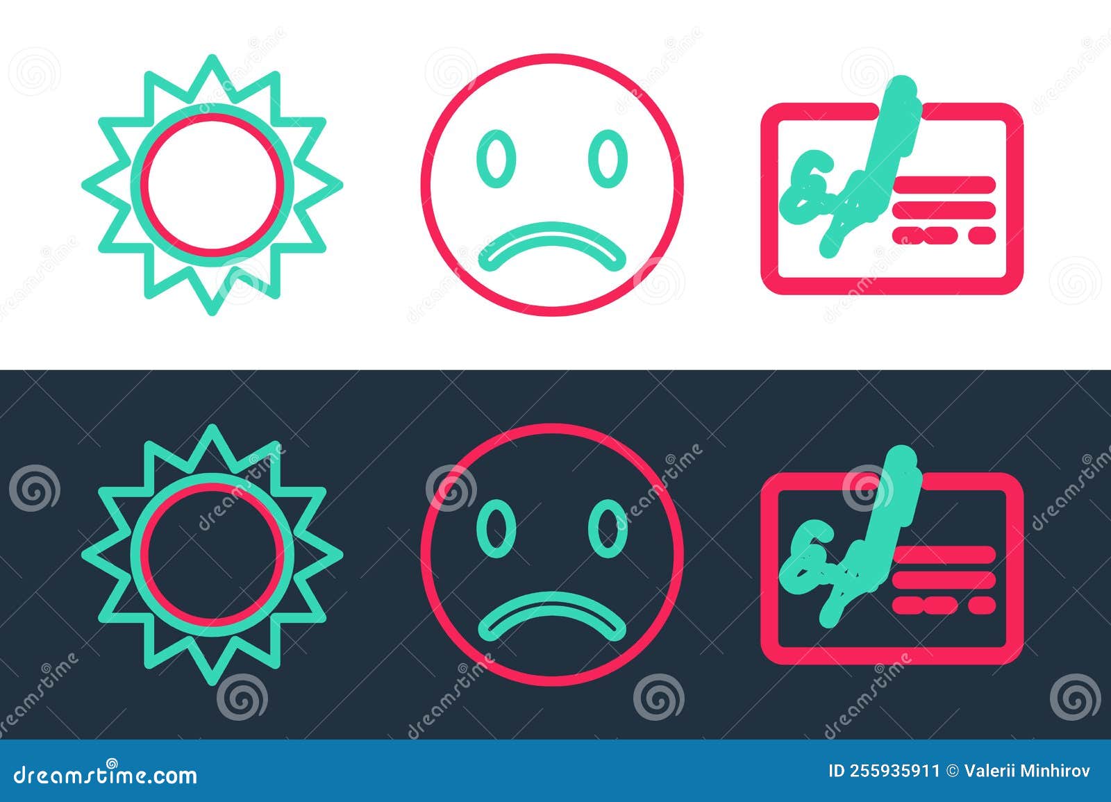 Set Line Signed Document, Sun and Sad Smile Icon. Vector Stock Vector ...