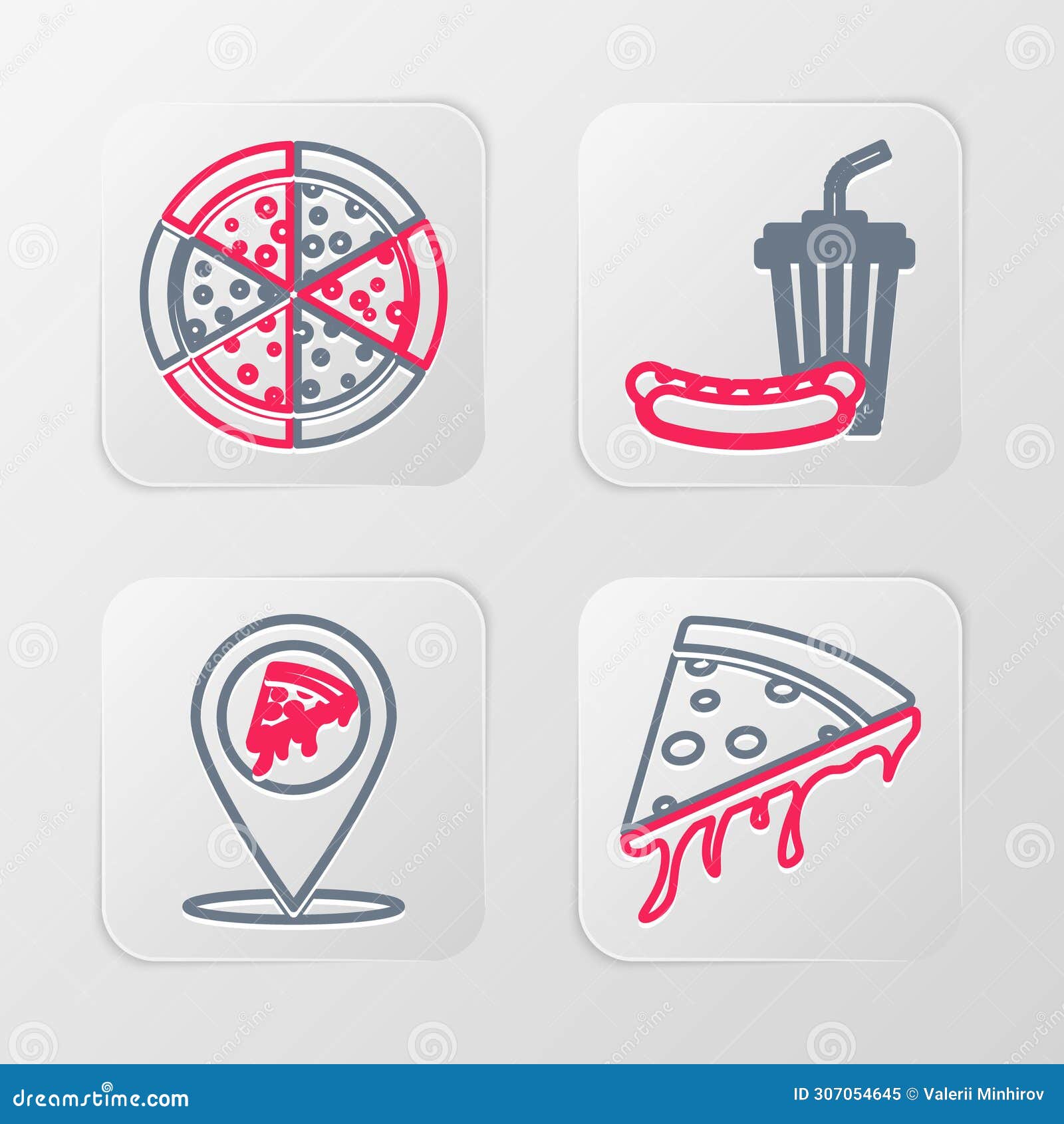 Set Line Slice Of Pizza, Location With Slice, Soda And Hotdog And Pizza ...