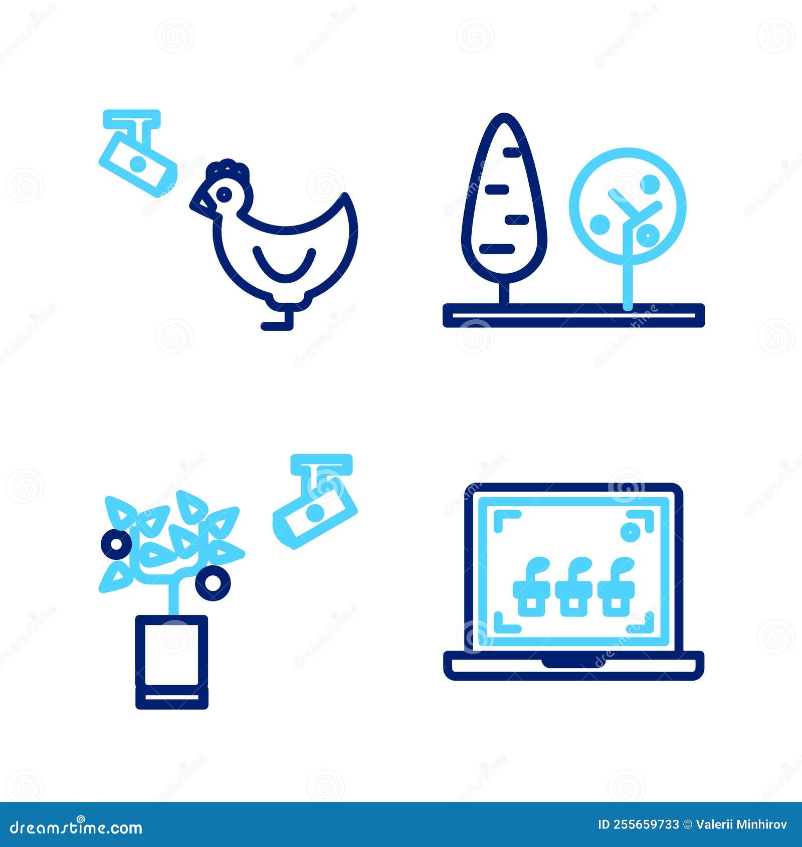 Set Line Smart Farming Technology, Trees and Chicken and Camera Icon ...