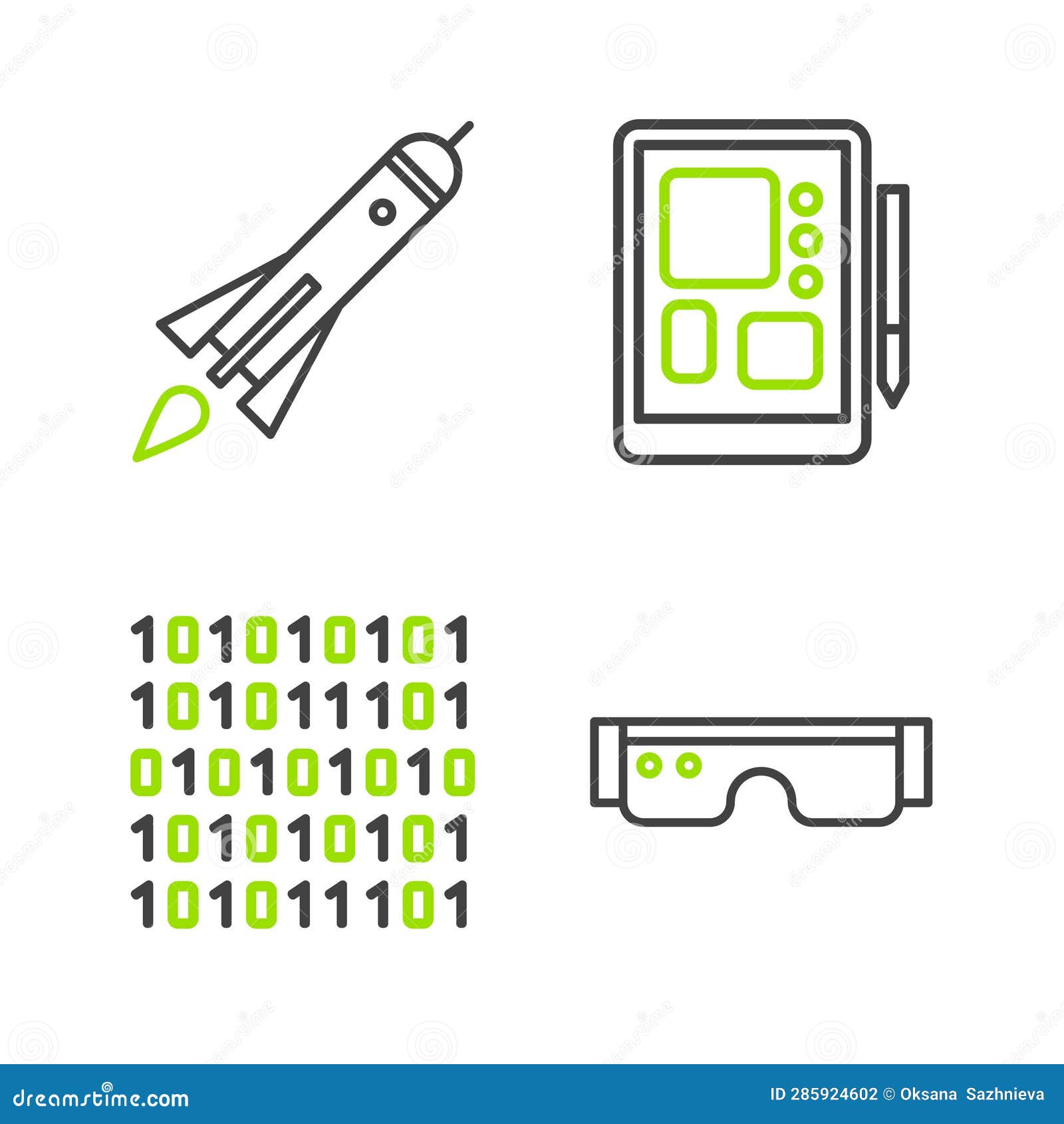 Set Line Smart Glasses, Binary Code, Graphic Tablet and Rocket Ship ... Set Line Smart Glasses, Binary Code, Graphic Tablet and Rocket Ship ...