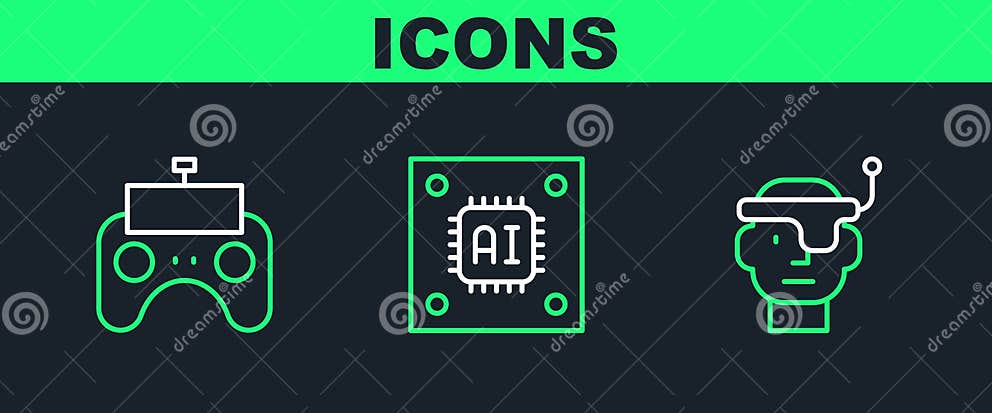 Set Line Smart Glasses, Remote Control and Processor with Microcircuits CPU Icon. Vector Stock ...