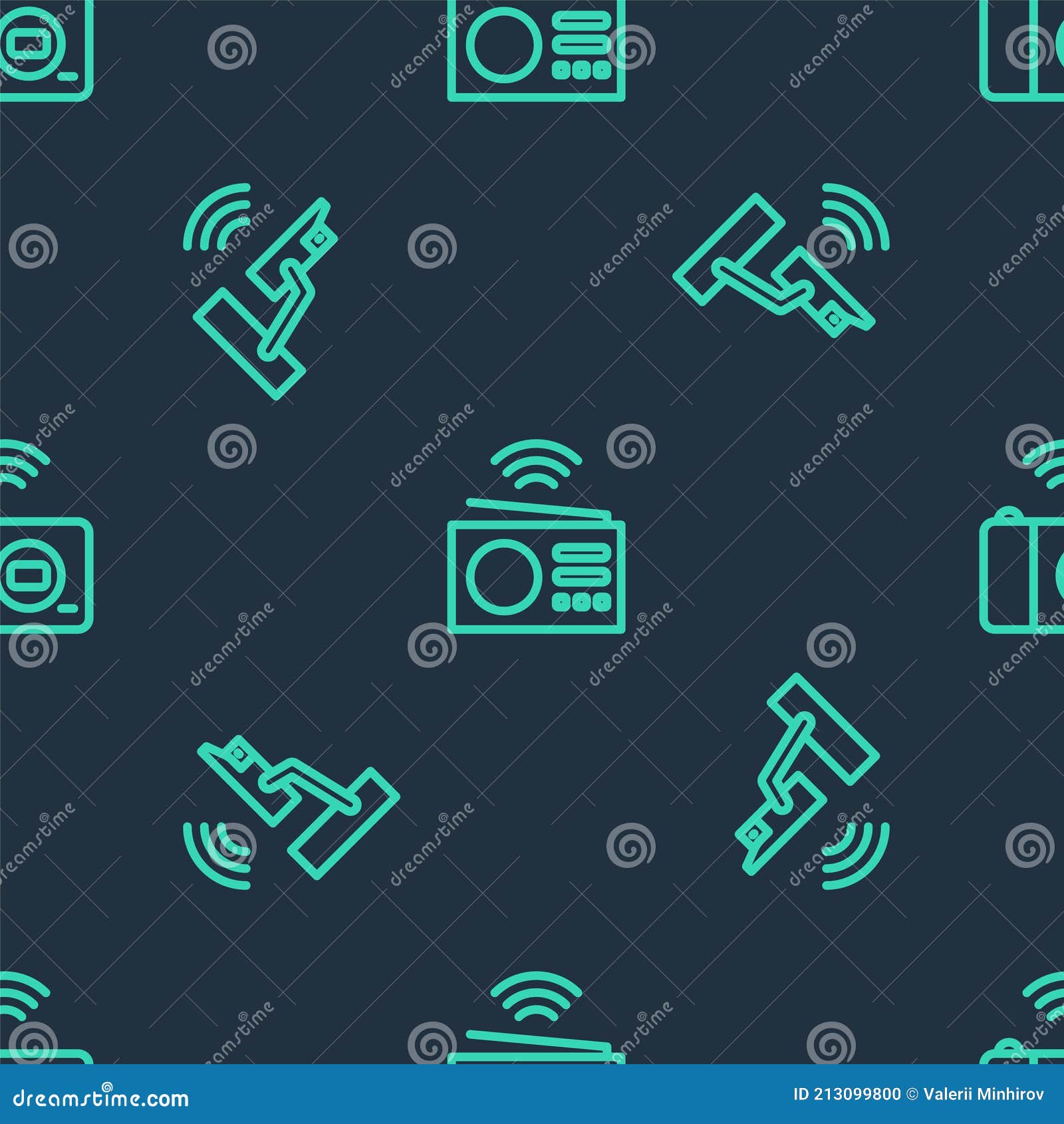 Set Line Smart Radio, Security Camera and Photo on Seamless Pattern ...