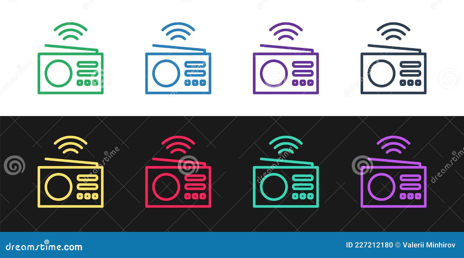 Set Line Smart Radio System Icon Isolated on Black and White Background ...