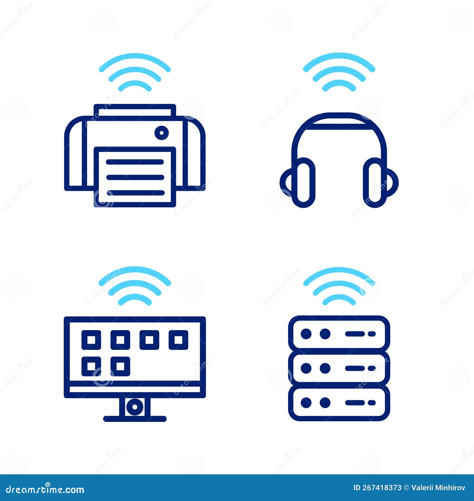 Set Line Smart Server, Tv System, Headphones and Printer Icon. Vector ...