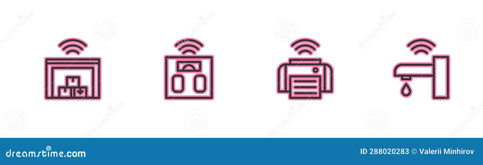 Set Line Smart Warehouse, Printer, Bathroom Scales and Water Tap Icon ...