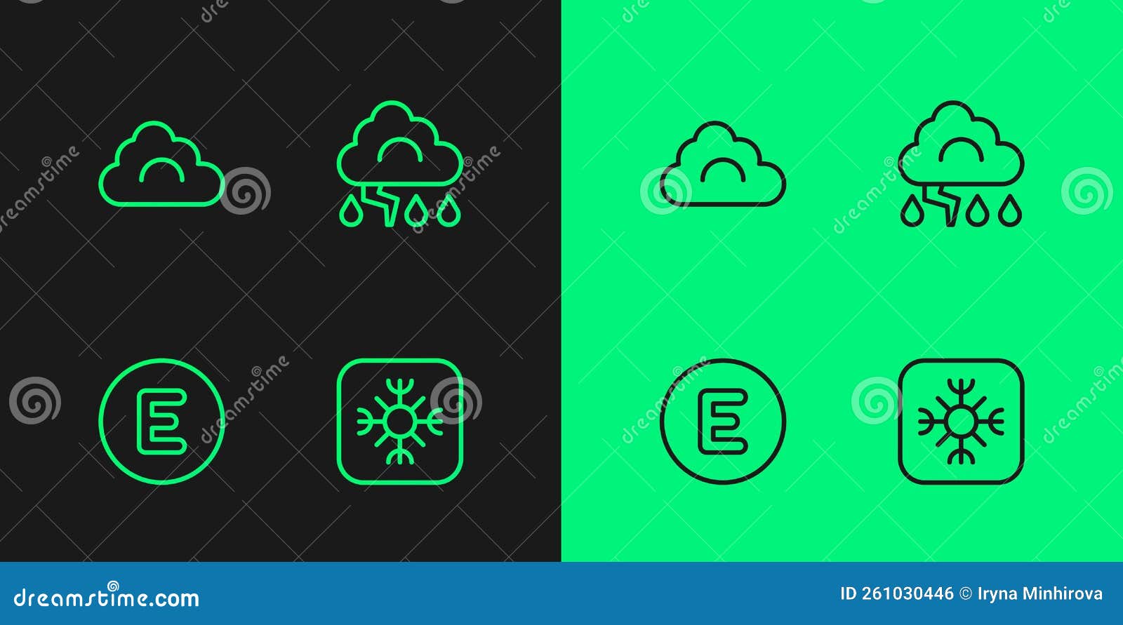 Set Line Snowflake, Compass West, Cloud and and Lightning Icon. Vector ...