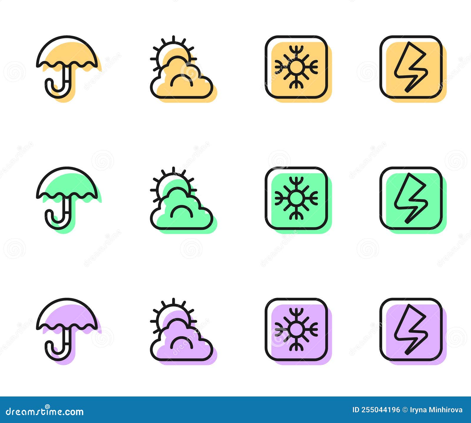 Set Line Snowflake, Umbrella, Sun and Cloud Weather and Lightning Bolt ...