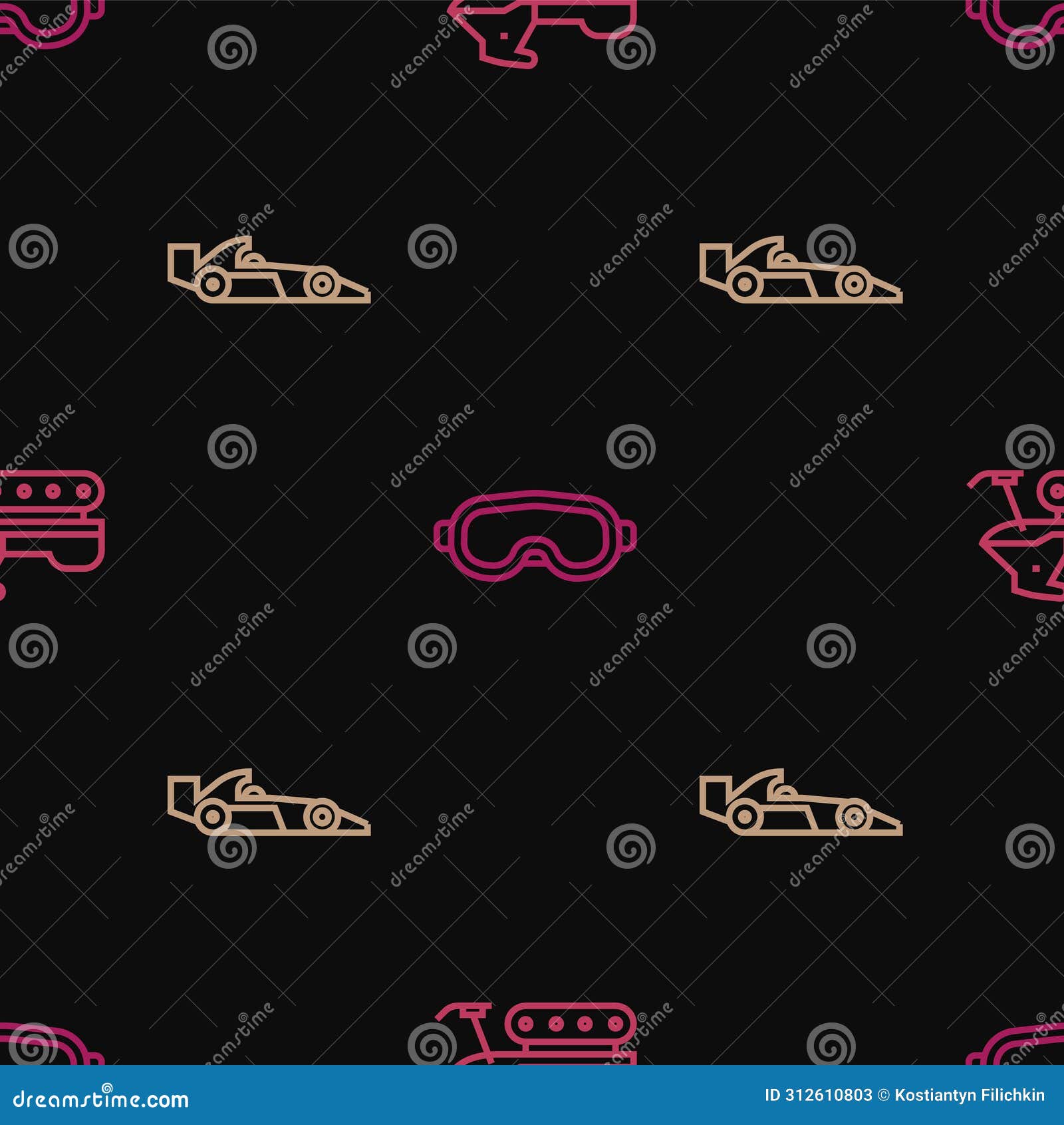 Set Line Snowmobile, Formula 1 Racing Car and Ski Goggles on Seamless ...