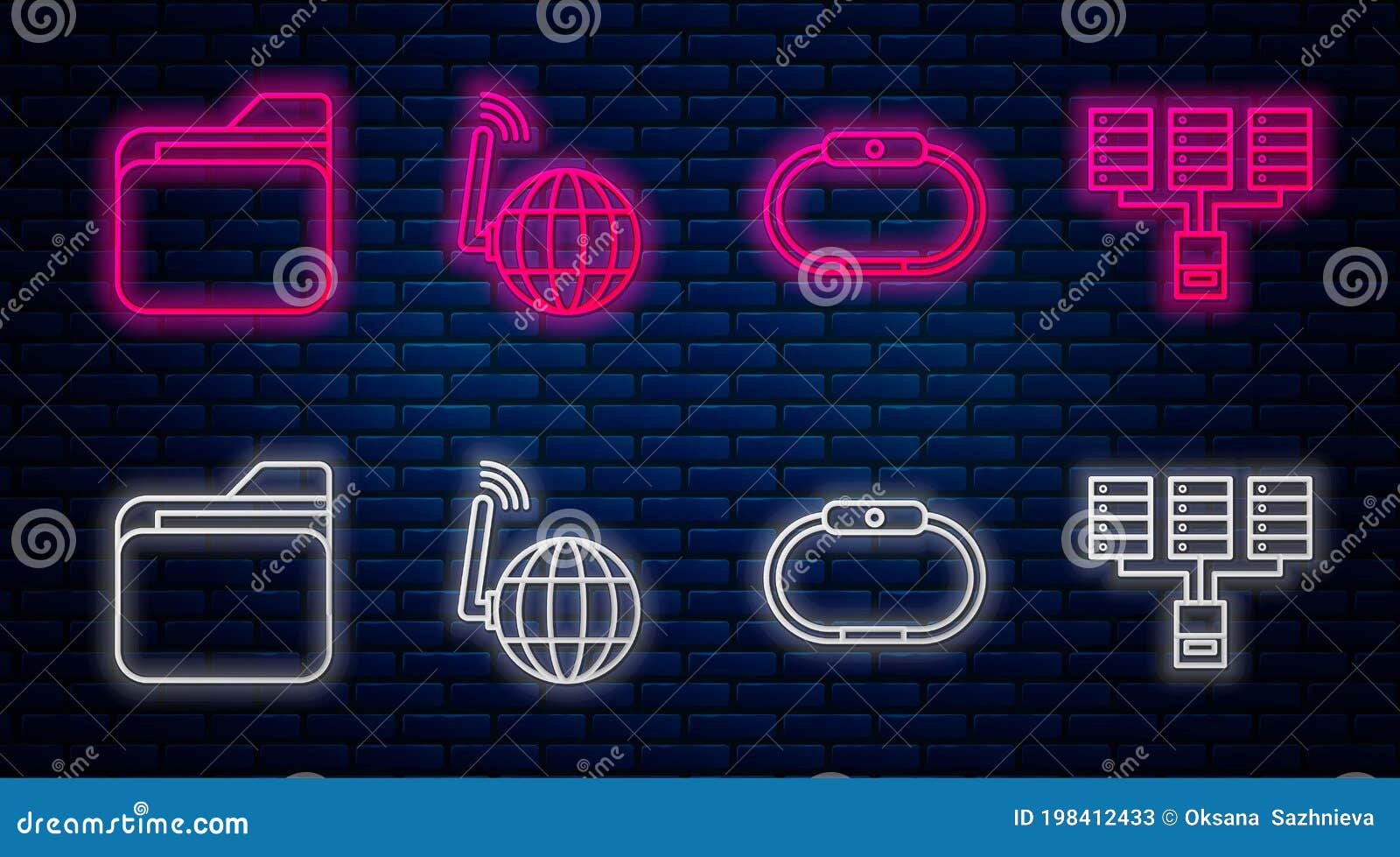 Set Line Social Network, Smartwatch, Document Folder and Server, Data, Web Hosting. Glowing Neon ...