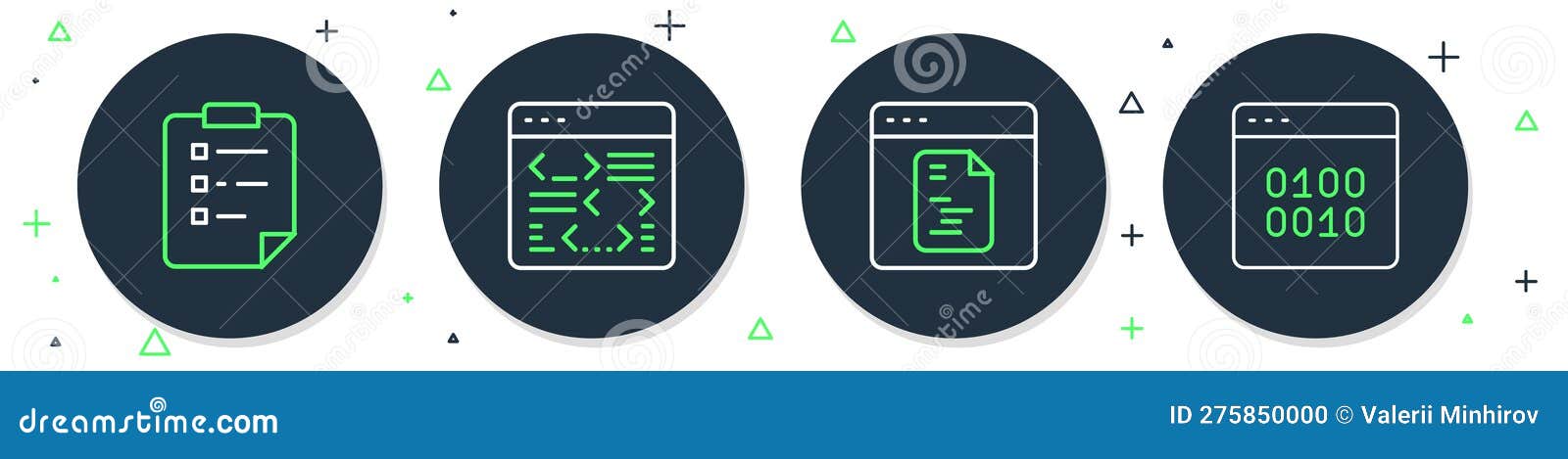 Set Line Software, Clipboard with Checklist and Binary Code Icon ... Set Line Software, Clipboard with Checklist and Binary Code Icon ...