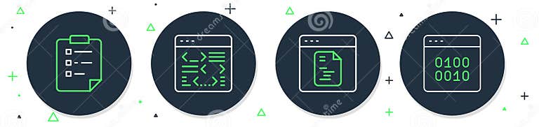 Set Line Software, Clipboard with Checklist and Binary Code Icon. Vector Stock Vector ...