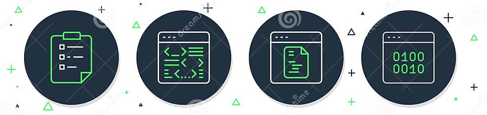 Set Line Software, Clipboard with Checklist and Binary Code Icon. Vector Stock Vector ...