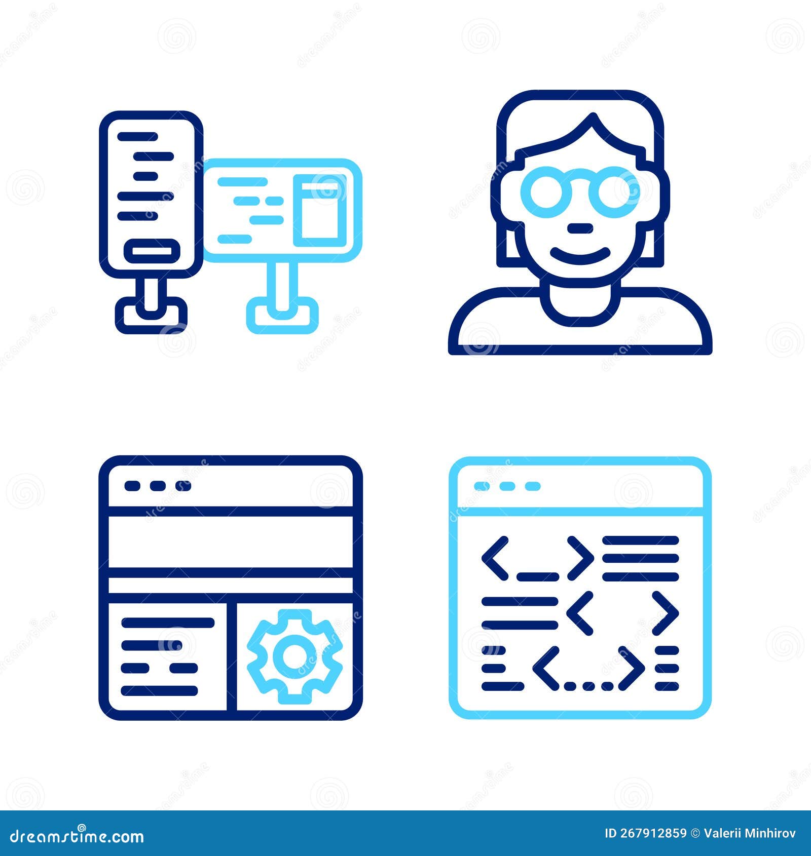 Set Line Software Debugging Hacker Or Coder And Computer Monitor Screen Icon Vector Stock