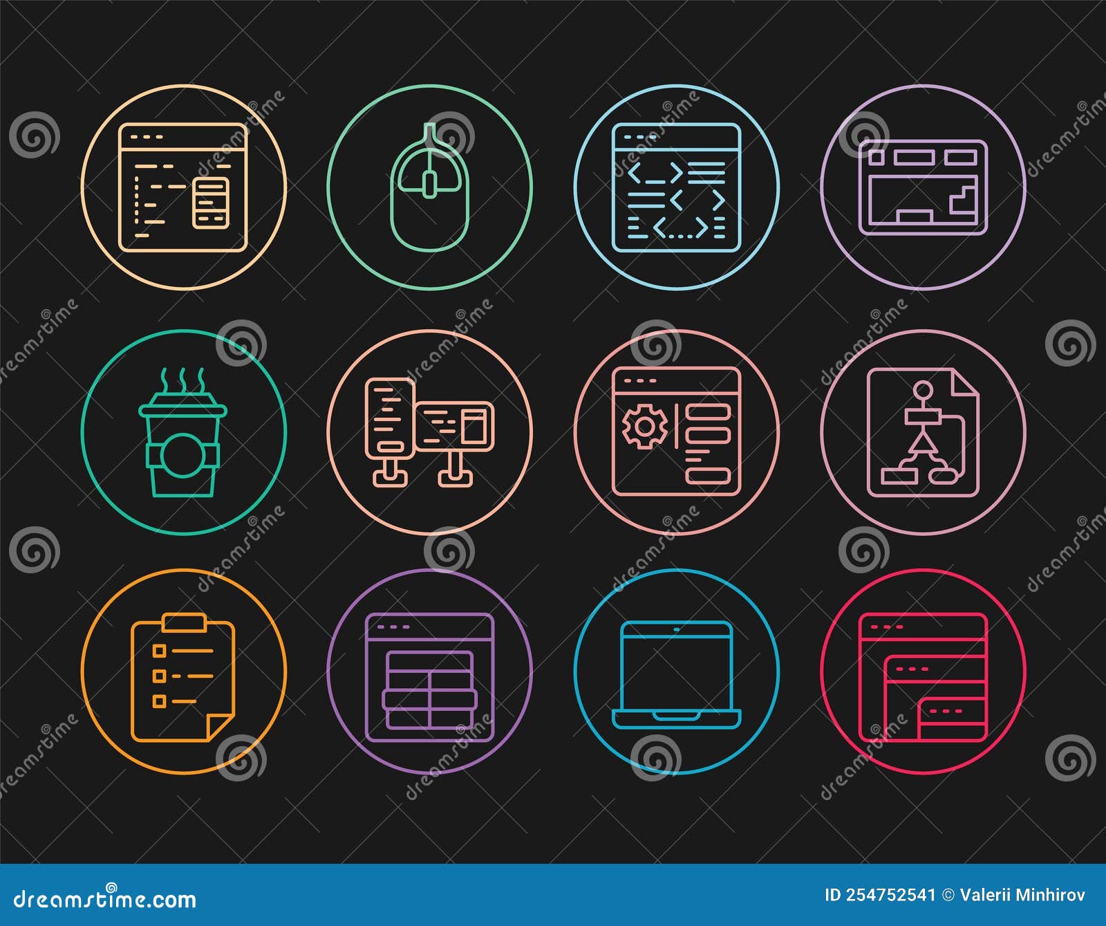 Set Line Software, Flowchart, Computer Monitor Screen, Coffee Cup Go ... Set Line Software, Flowchart, Computer Monitor Screen, Coffee Cup Go ...