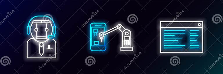 Set Line Software, Web Developer Programming Code, Worker Robot and Industrial Machine Robotic ...