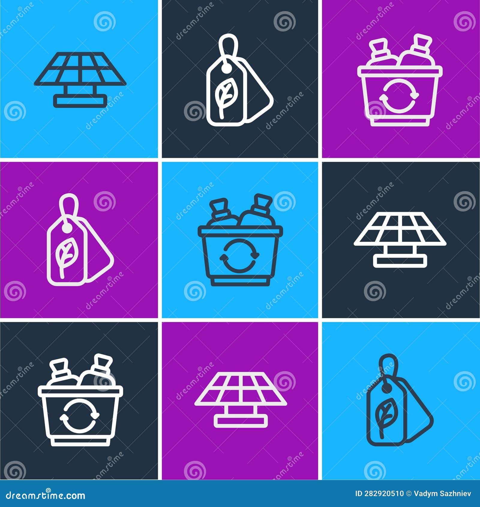Set Line Solar Energy Panel, Recycle Bin and Tag with Leaf Icon. Vector ...